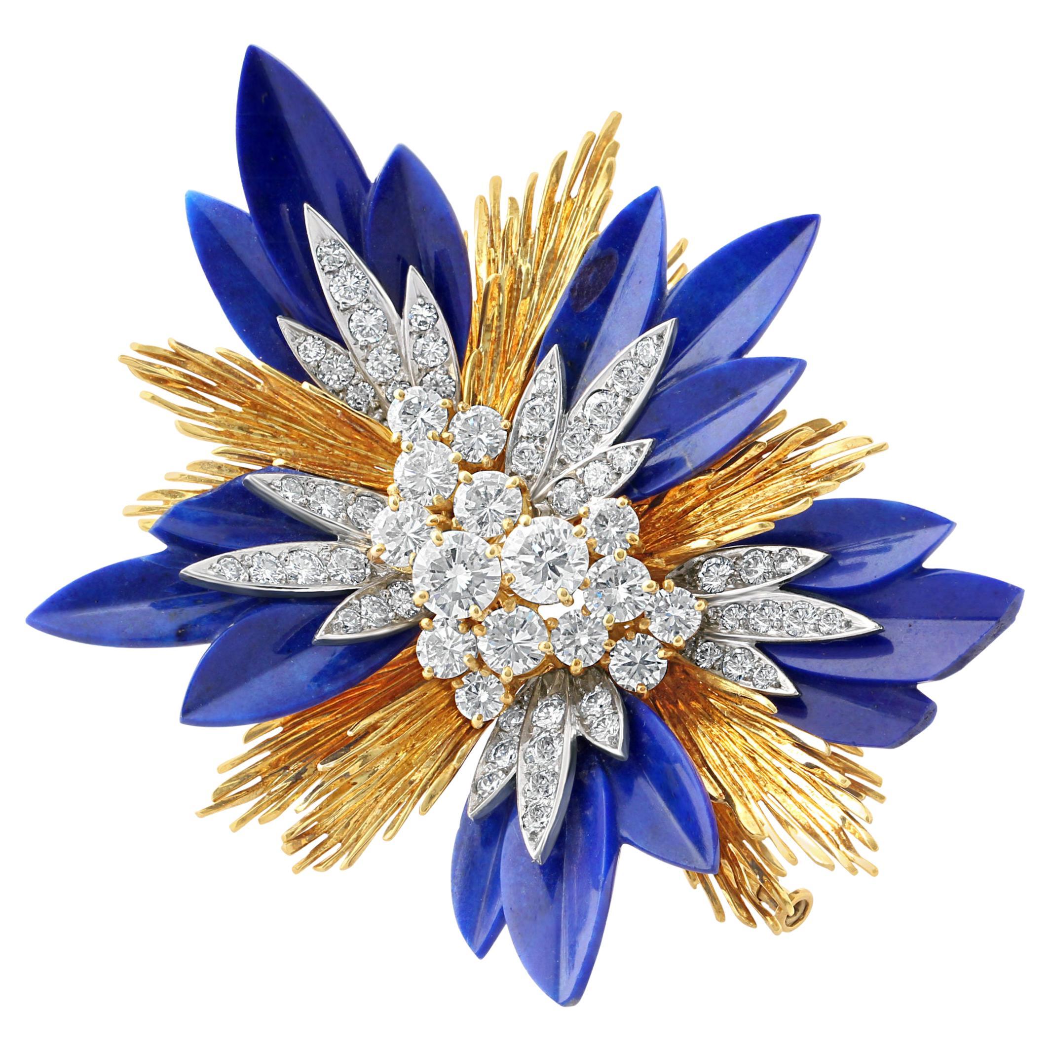 Andrew Clunn Carved Lapis Lazuli Flower Brooch For Sale at 1stDibs