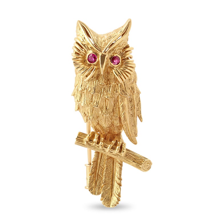Gold and Ruby Owl Brooch by Cartier For Sale at 1stDibs