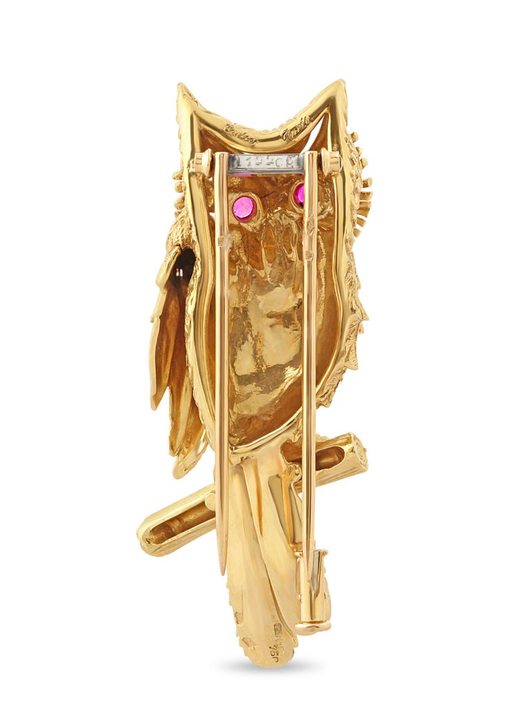 Gold and Ruby Owl Brooch by Cartier For Sale at 1stDibs