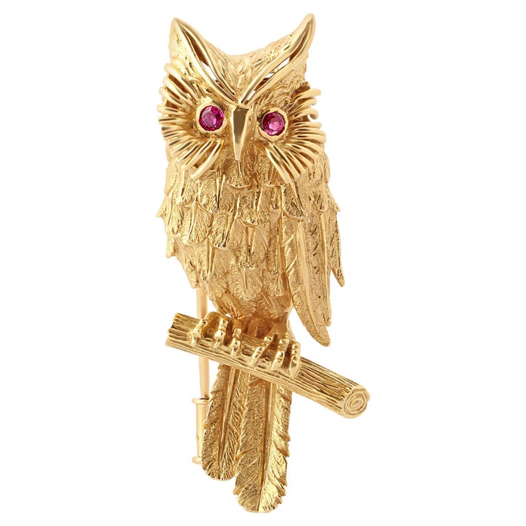Gold and Ruby Owl Brooch by Cartier For Sale at 1stDibs