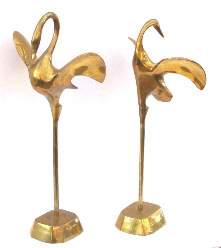 A Graceful Pair of Stylized Solid Brass Cranes at 1stDibs