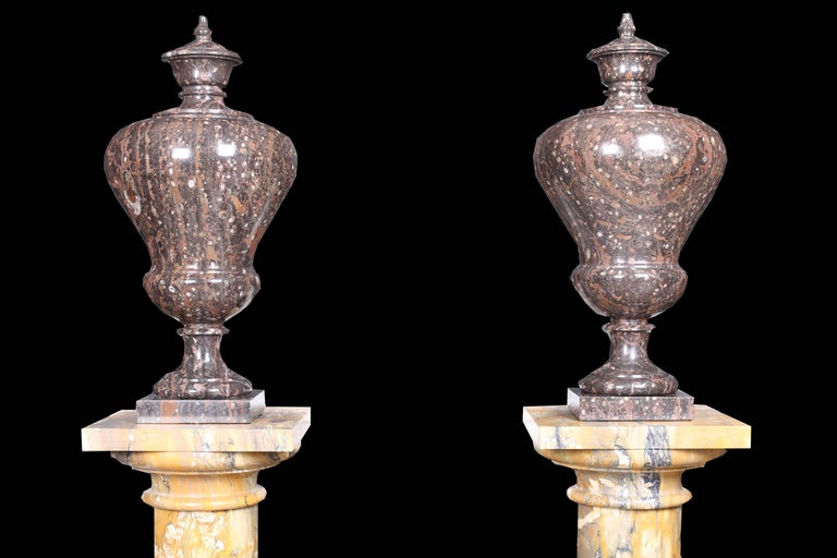 Grand Pair of Neoclassical Style Vintage Marble Urns on Column Plinths ...