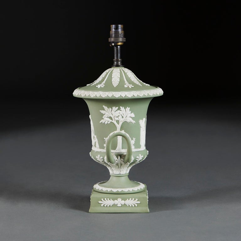 A Green Jasperware Wedgewood Urn As A Lamp For Sale at 1stDibs