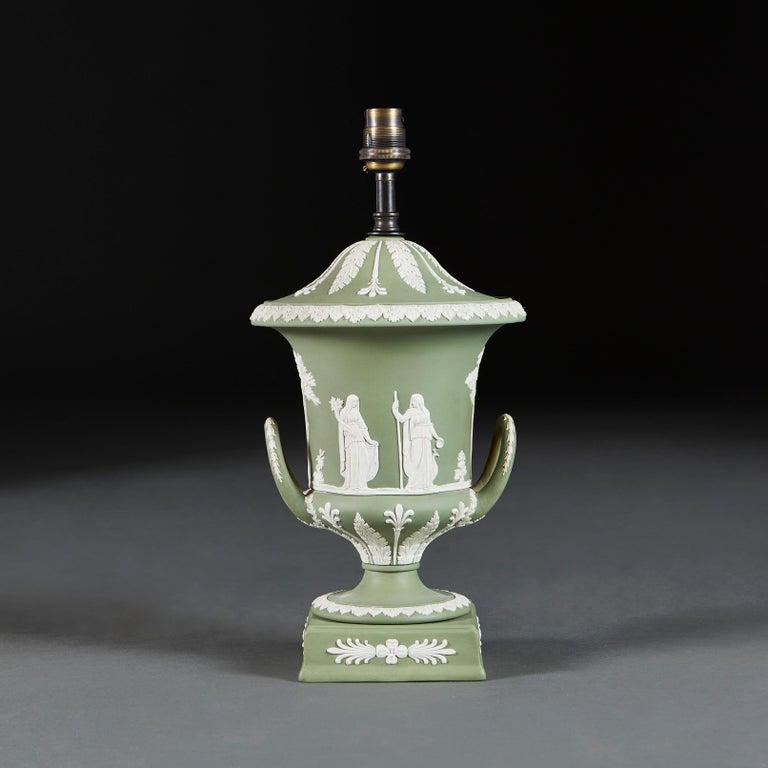 A Green Jasperware Wedgewood Urn As A Lamp For Sale at 1stDibs