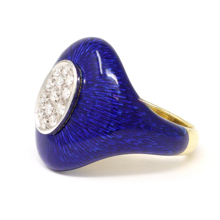 Guilloche Blue Enamel Diamond Ring in 18K, Circa 1960 For Sale at 1stDibs
