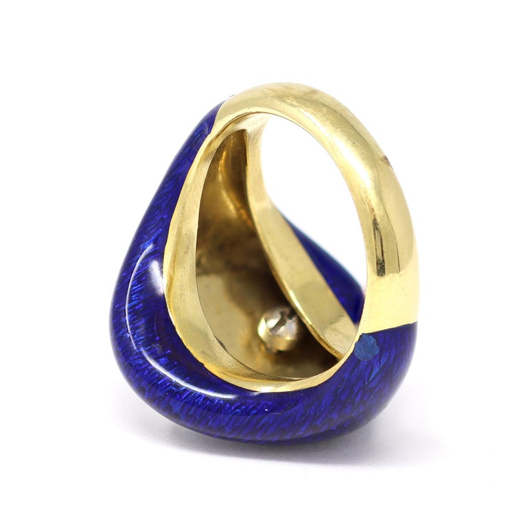 Guilloche Blue Enamel Diamond Ring in 18K, Circa 1960 For Sale at 1stDibs