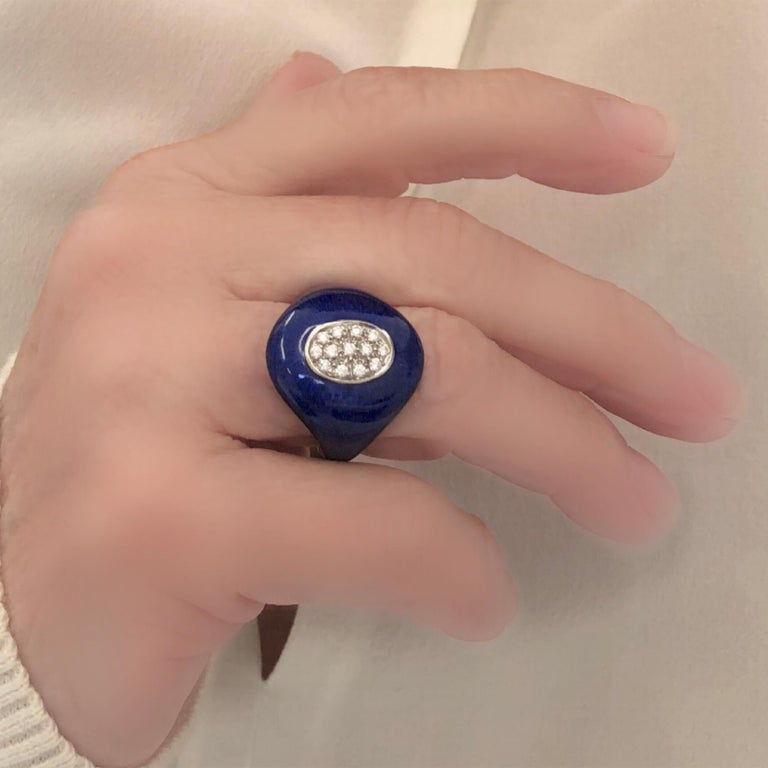 Guilloche Blue Enamel Diamond Ring in 18K, Circa 1960 For Sale at 1stDibs
