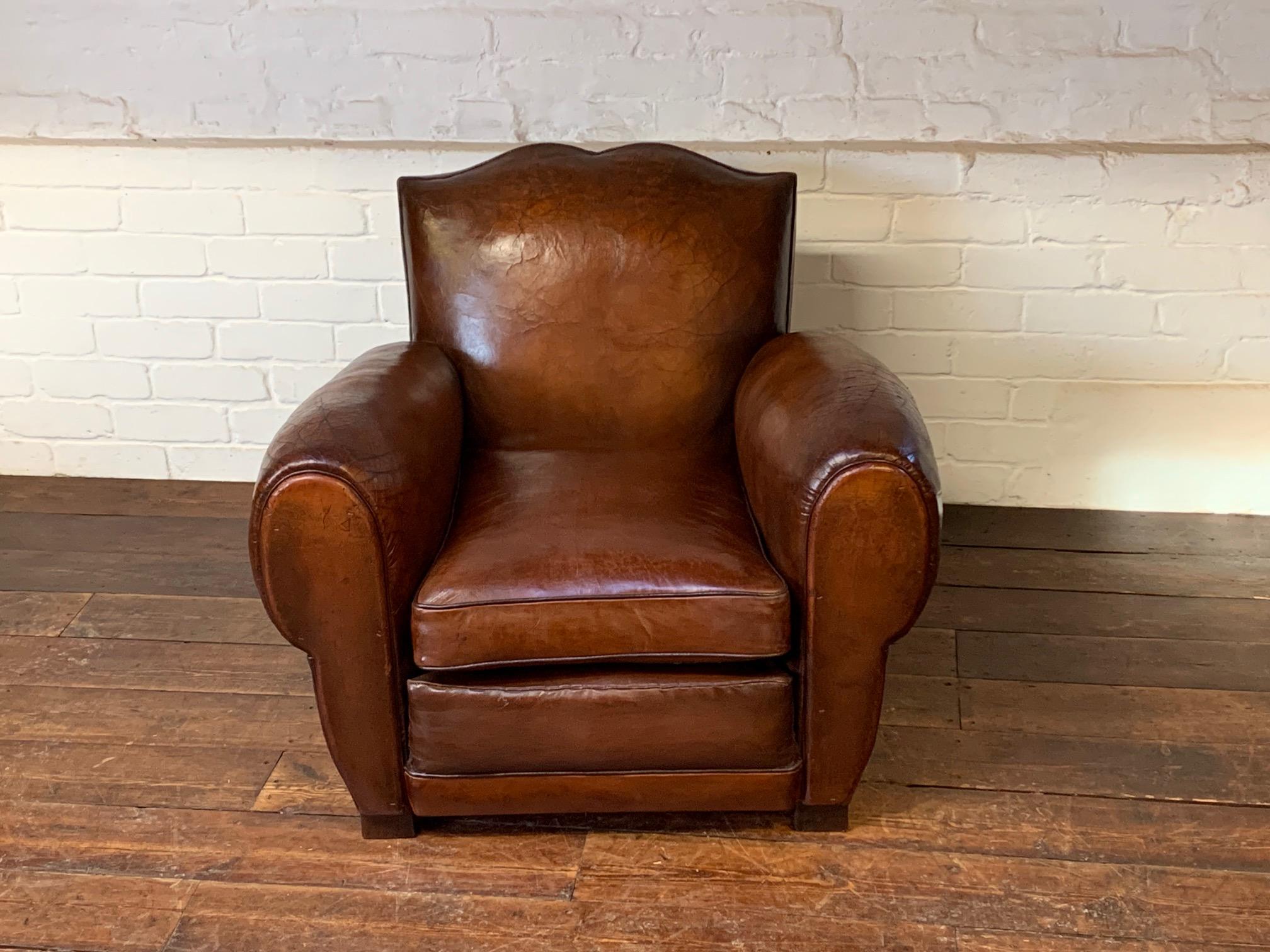 A Handsome 1930’s French Leather Club Chair, Havana Moustache Model For ...