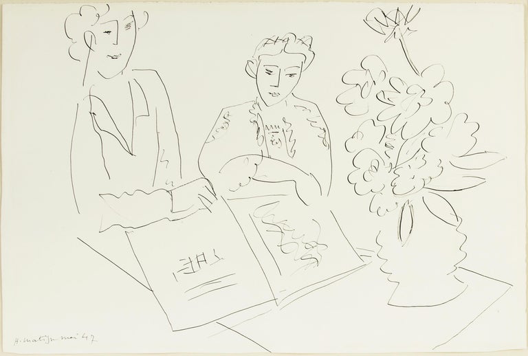 Henri Matisse Ink Drawing of Two Women and a Vase of Flowers For Sale ...