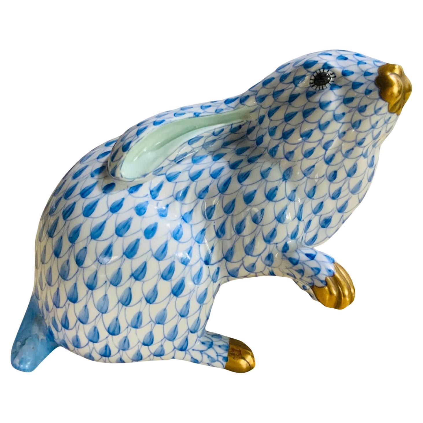 Herend Hungary Blue White Fishnet Porcelain One Ear Up Bunny Rabbit ...
