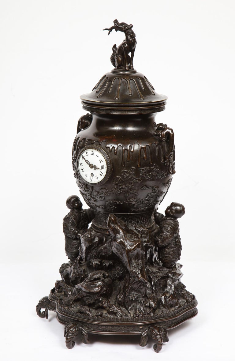 Japanese Patinated Bronze Figural Clock Vase, Meiji Period at 1stDibs