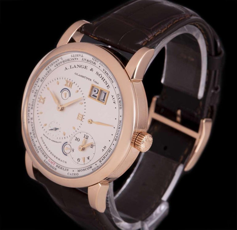 A. Lange and Sohne Lange 1 Time Zone Rose Gold Silver Dial B&P 116.032 ...