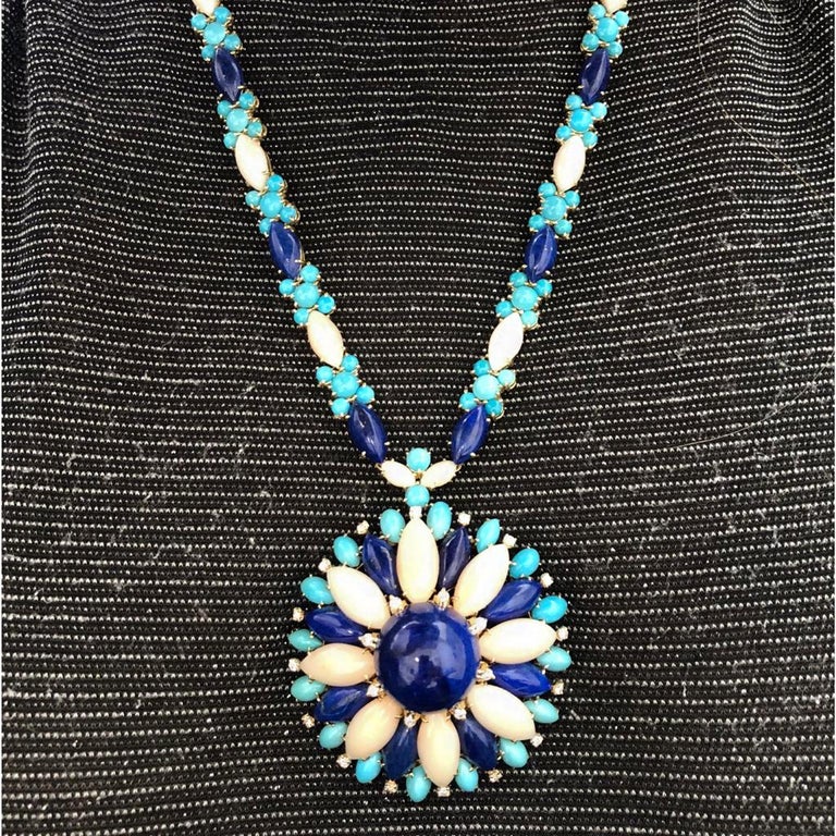 Lapis Lazuli Pink Coral Turquoise and Diamond Suite Signed Lucien For ...