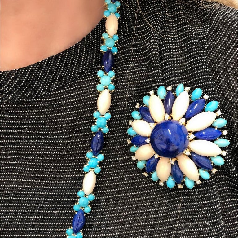Lapis Lazuli Pink Coral Turquoise and Diamond Suite Signed Lucien For ...