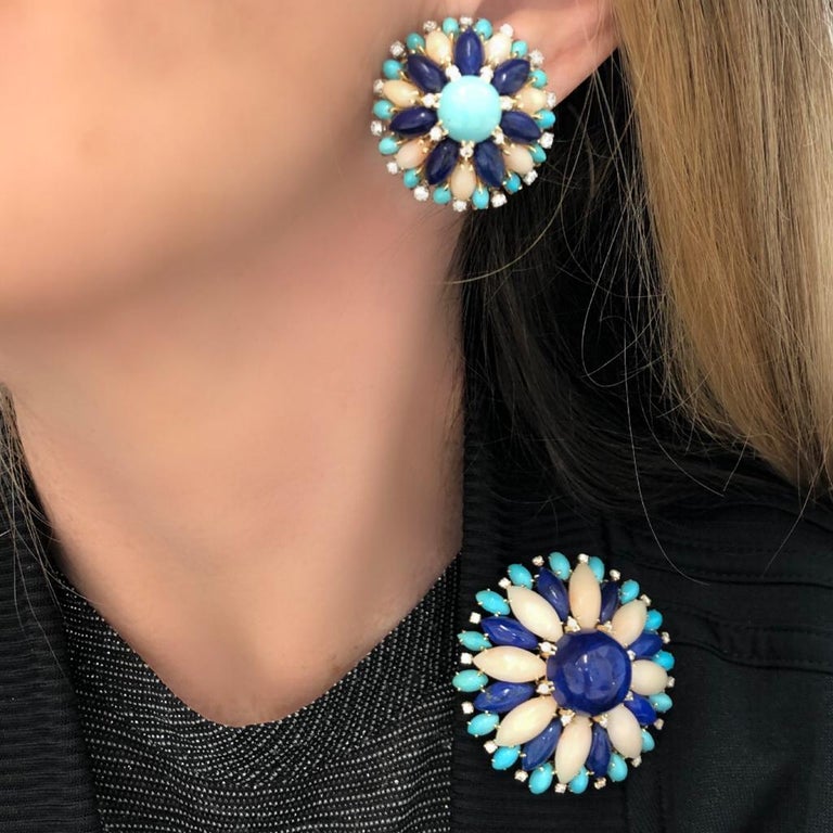 Lapis Lazuli Pink Coral Turquoise and Diamond Suite Signed Lucien For ...