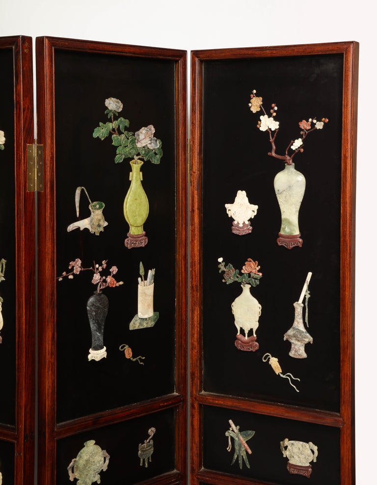 Grand écran de Coromandel du 19ème siècle à 6 panneaux en pierre dure ...