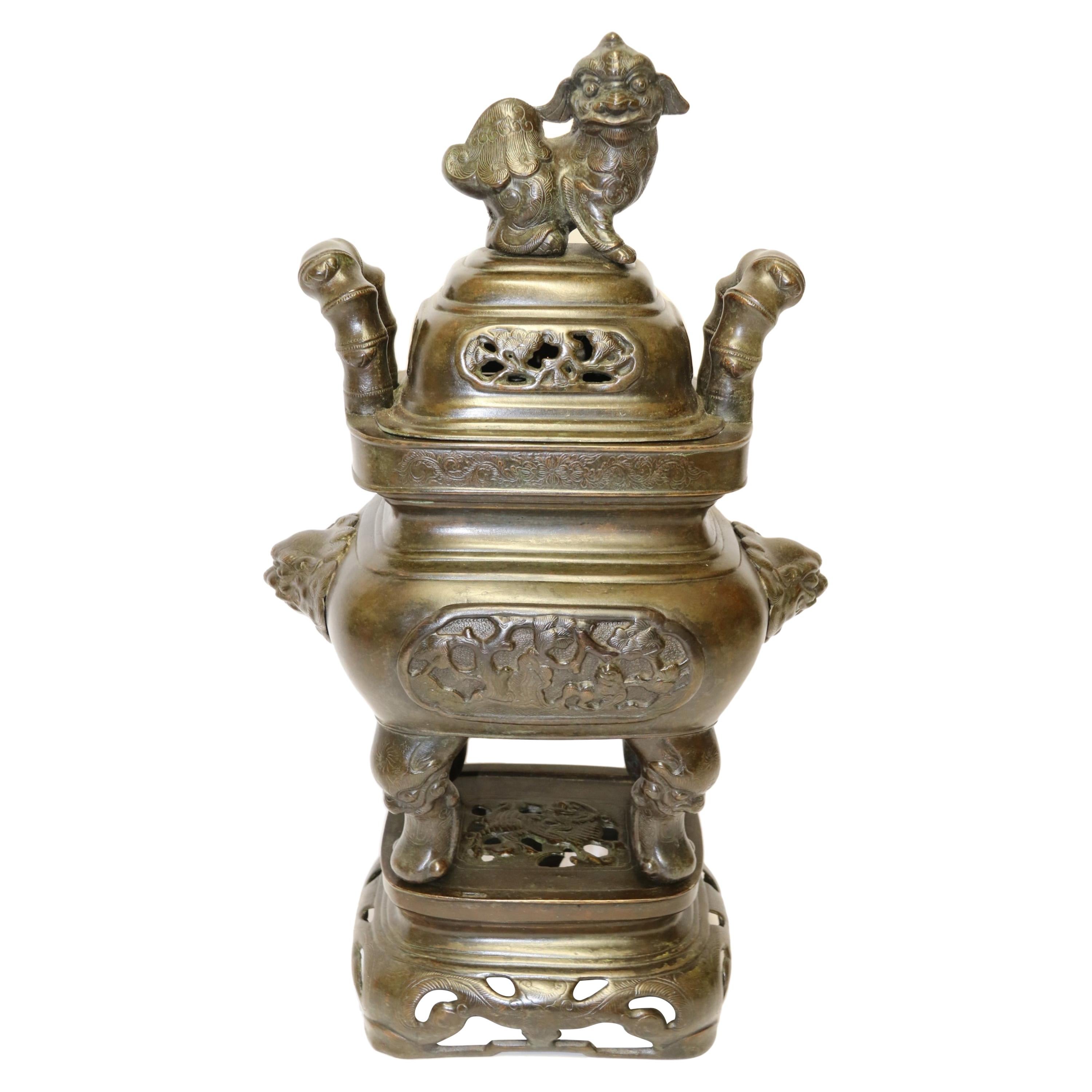 Large 19th Century Chinese Cast and Engraved Bronze Censer with Stand ...