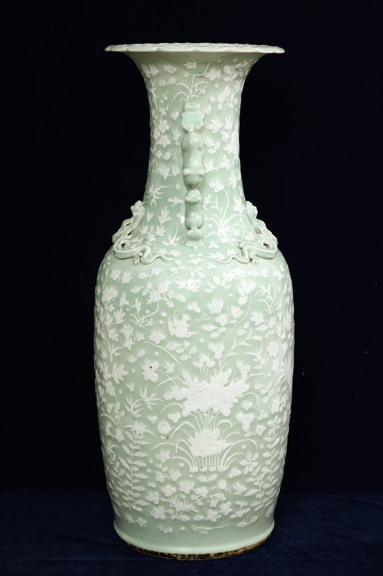 Large 19th C. Chinese Celadon-Ground Slip-Decorated Vase W/ Foo Dog ...