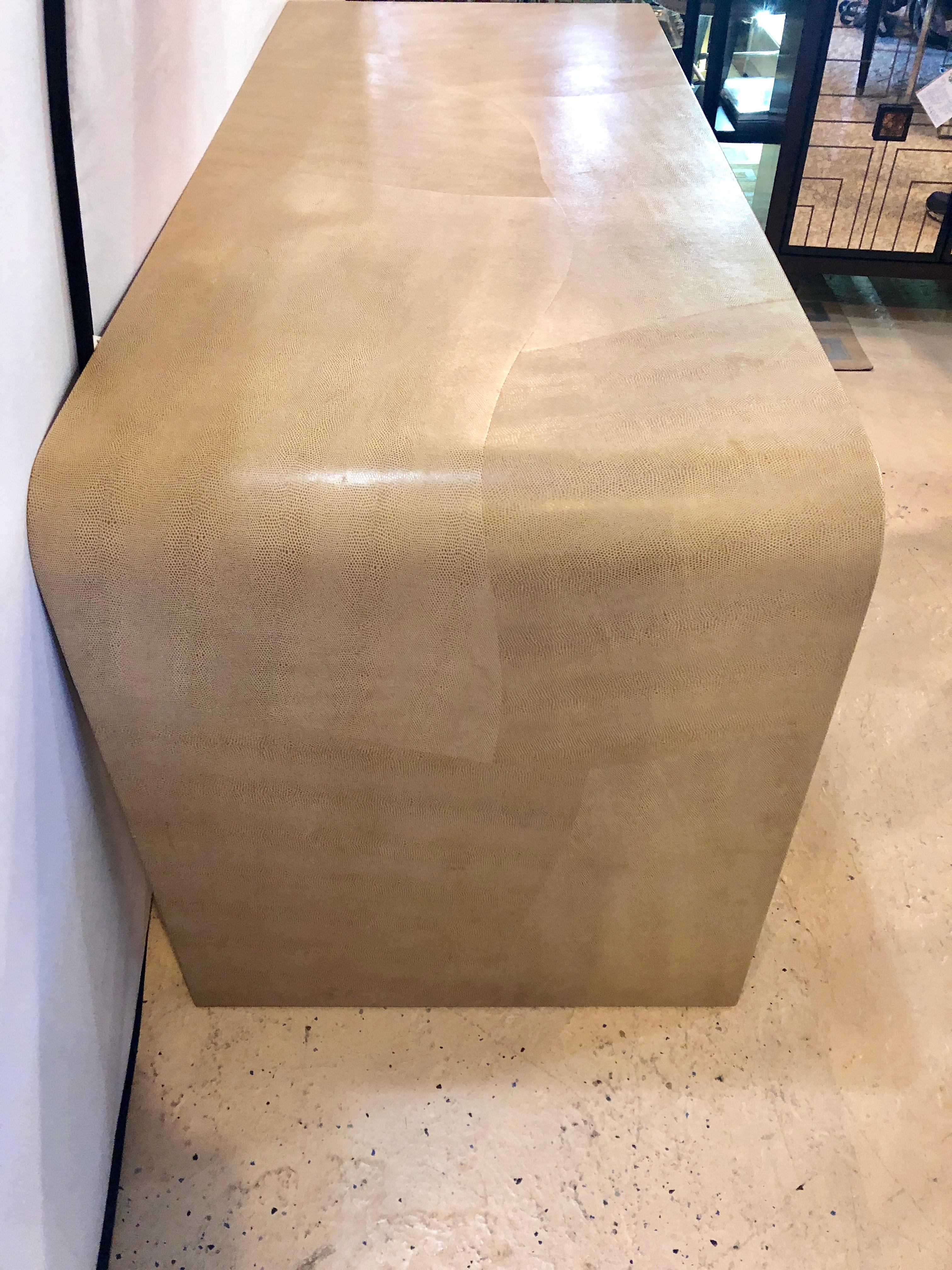 Large Carl Springer Signed Waterfall Art Deco Tan Lizard Wrapped Desk ...