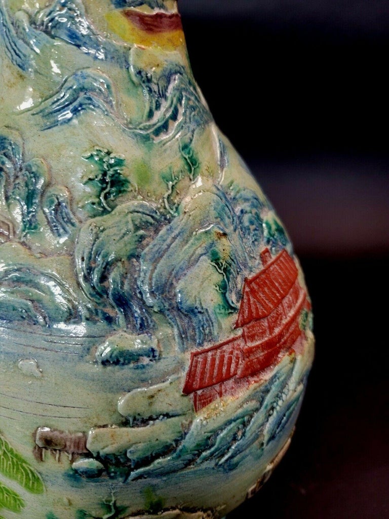 Large Chinese Carved Pear Shape Landscape Vase For Sale at 1stDibs