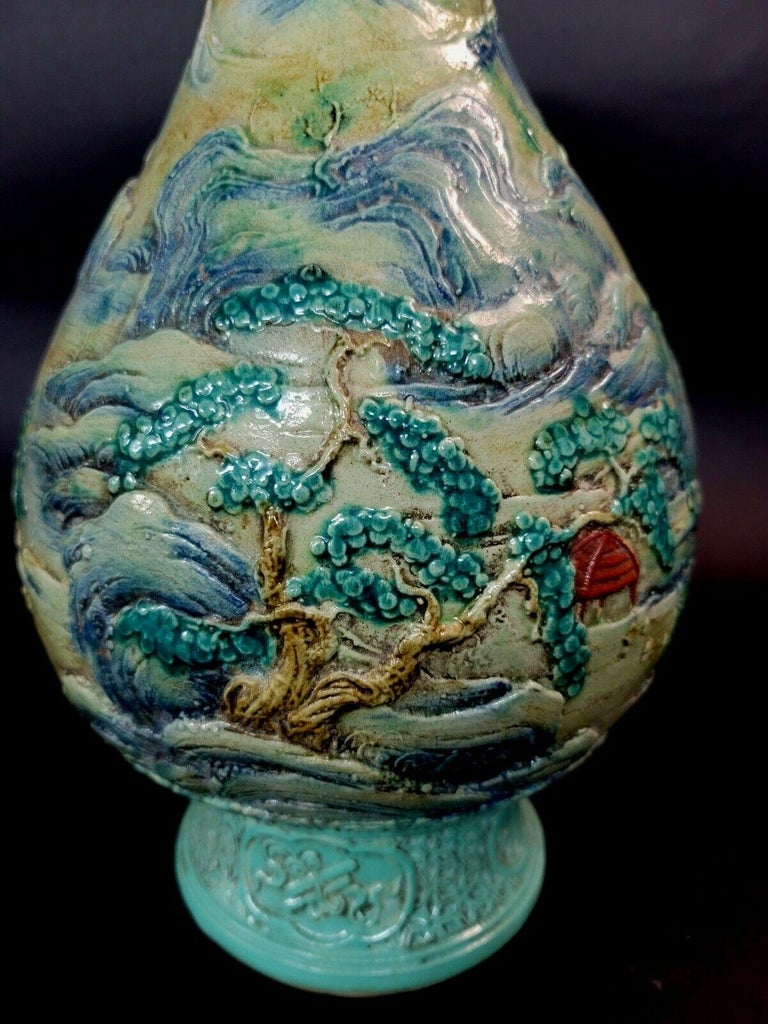 Large Chinese Carved Pear Shape Landscape Vase For Sale at 1stDibs