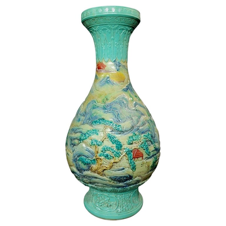 Large Chinese Carved Pear Shape Landscape Vase For Sale at 1stDibs