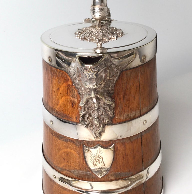 Large English Oak and Silver Plate Tankard Pitcher, 1871-1907 For Sale ...
