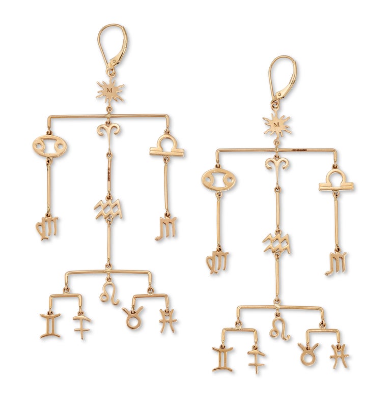 Large Gold, Sun-Sign Handmade Drop Balance Earrings For Sale at 1stDibs