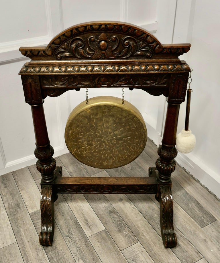Large Gothic Carved Oak and Brass Dinner Gong For Sale at 1stDibs