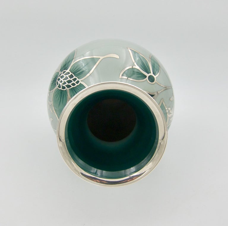 Large Green Porcelain Vase with Pure Silver Overlay by Friedrich Wilhem ...