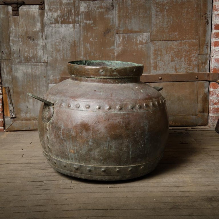 Large, Hand Hammered, Round Shaped Brass Urn, 19th C For Sale at 1stDibs