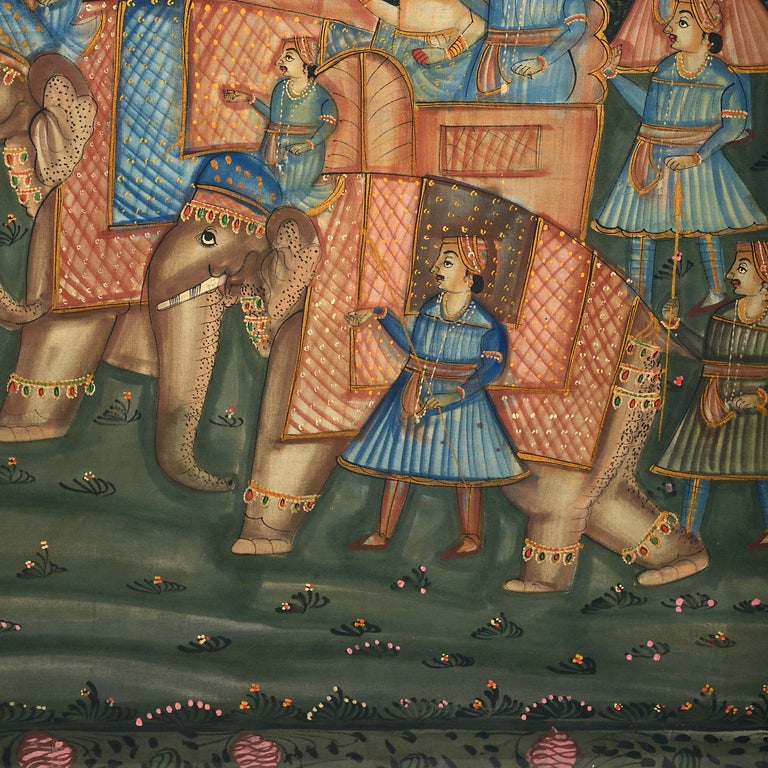 Large Mid-20th Century Painted Textile Depicting an Elephant Procession ...