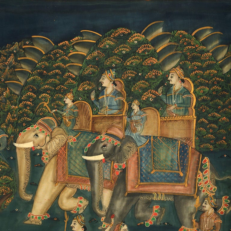 Large Mid-20th Century Painted Textile Depicting an Elephant Procession ...