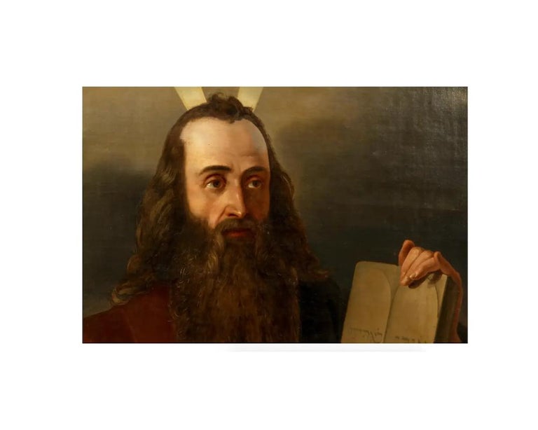 Large Oil on Canvas Painting of Moses with the 10 Commandments Signed ...