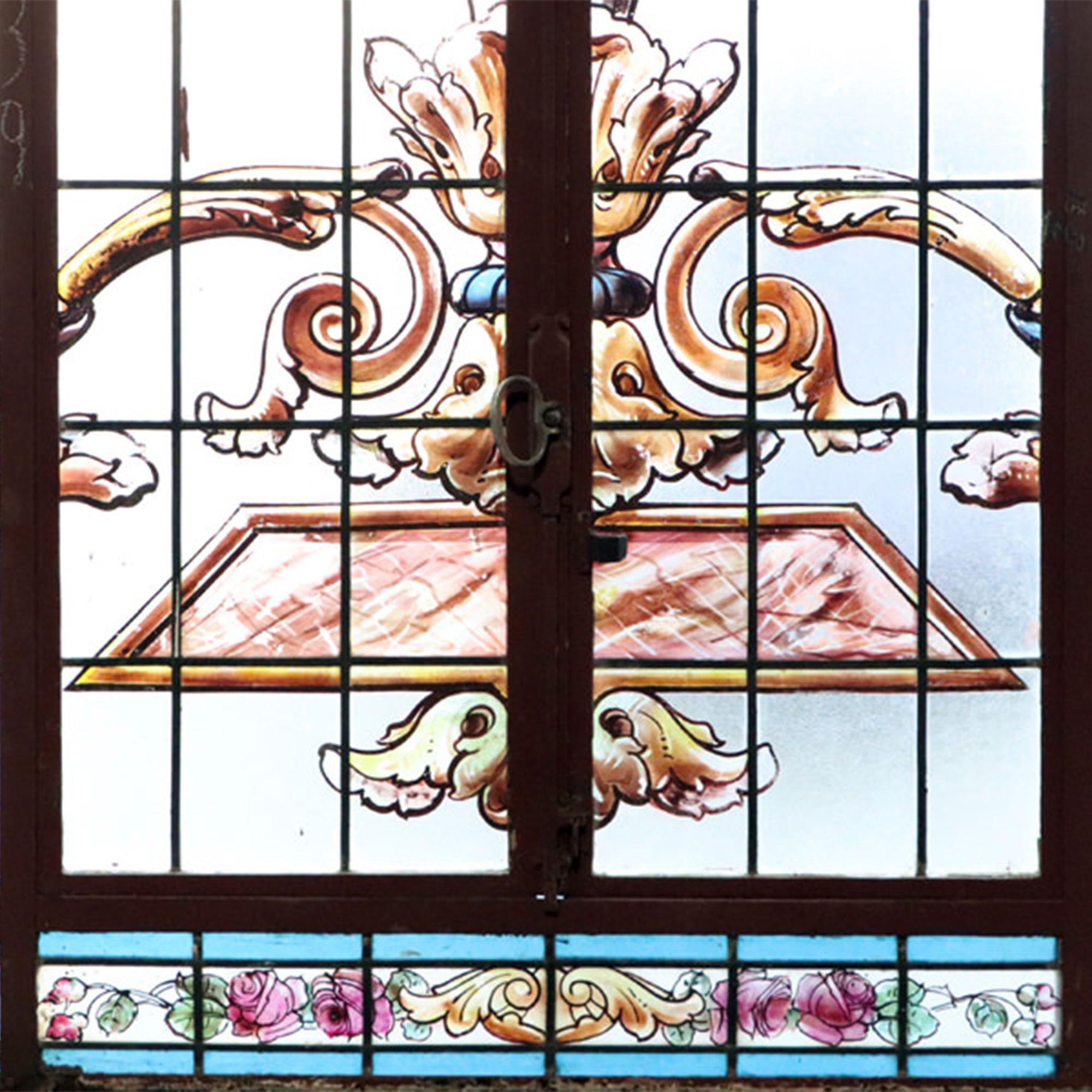 Large Painted and Leaded Glass Window in Iron Frame, circa 1900 For ...