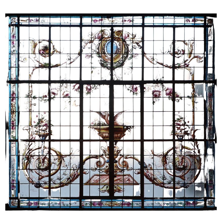 Large Painted and Leaded Glass Window in Iron Frame, circa 1900 For ...