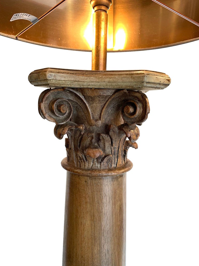 Large Pair of 19th Century Oak Corinthian Column Lamps with Carved ...