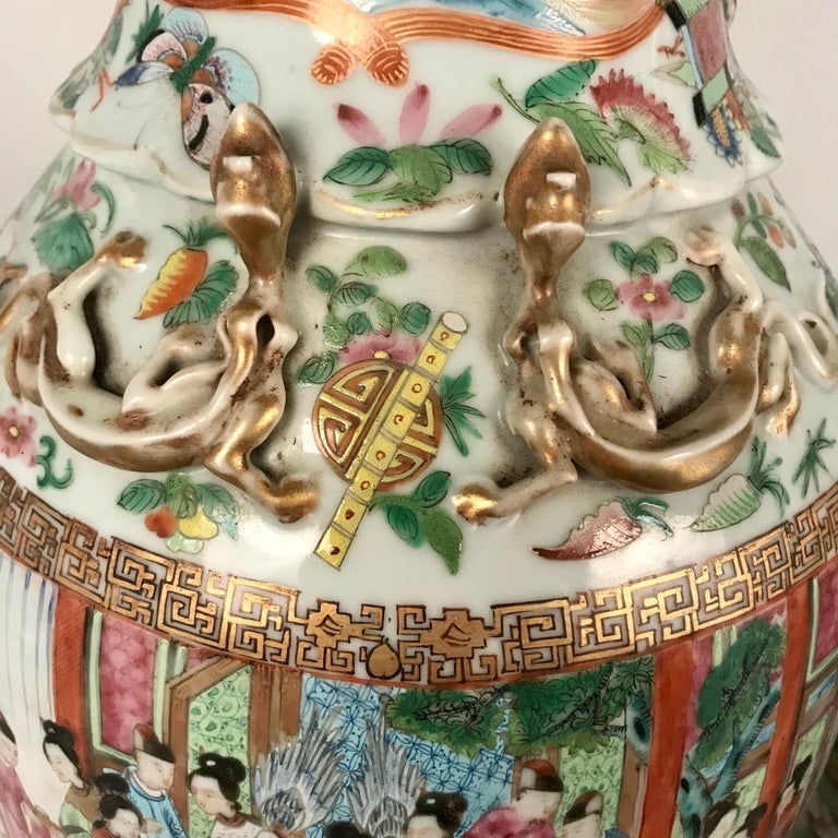 Large Pair of Antique Canton Rose Medallion Baluster Vases at 1stDibs