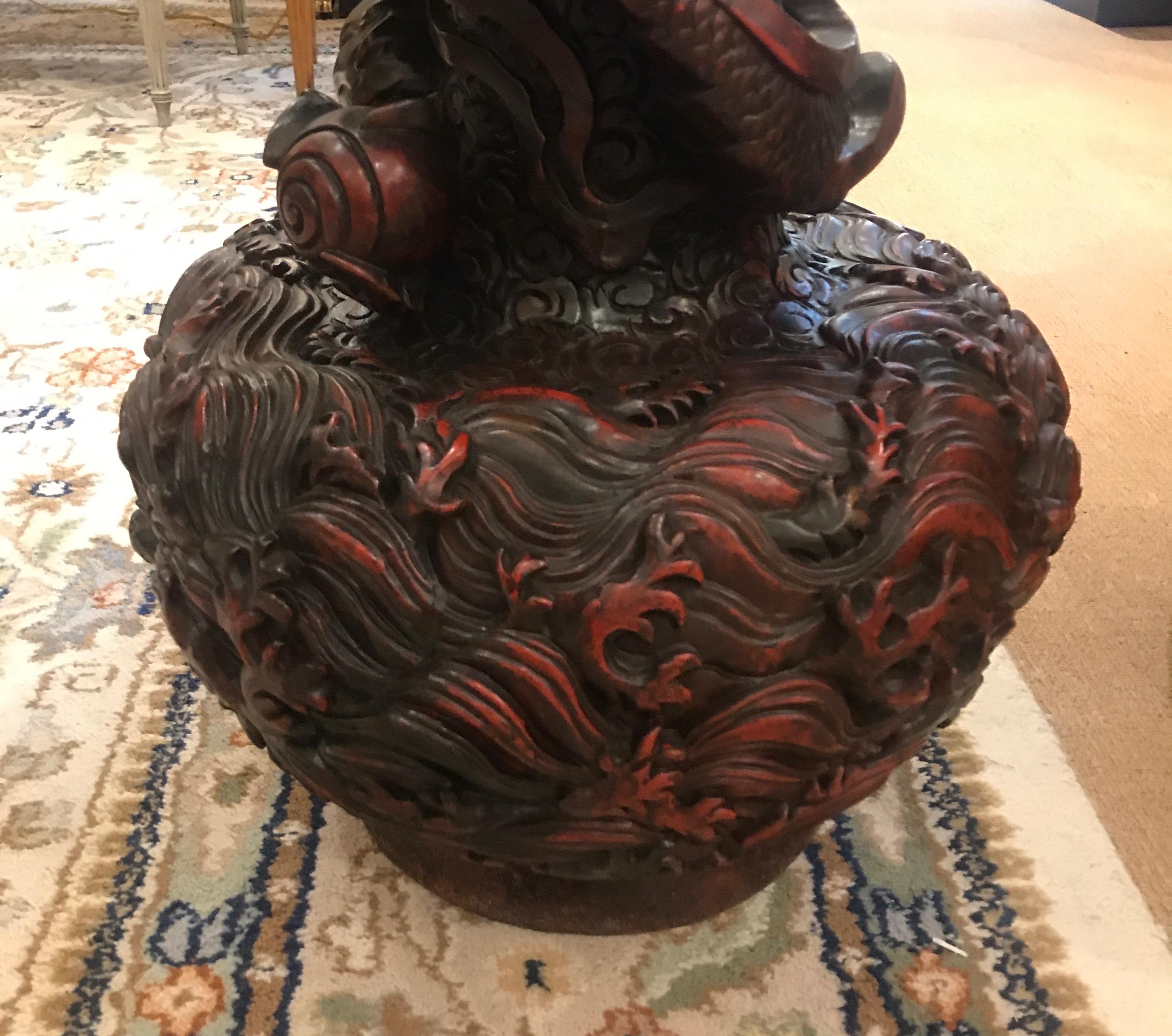 Large Pair of Asian Carved Wood Dragon Urns For Sale at 1stDibs