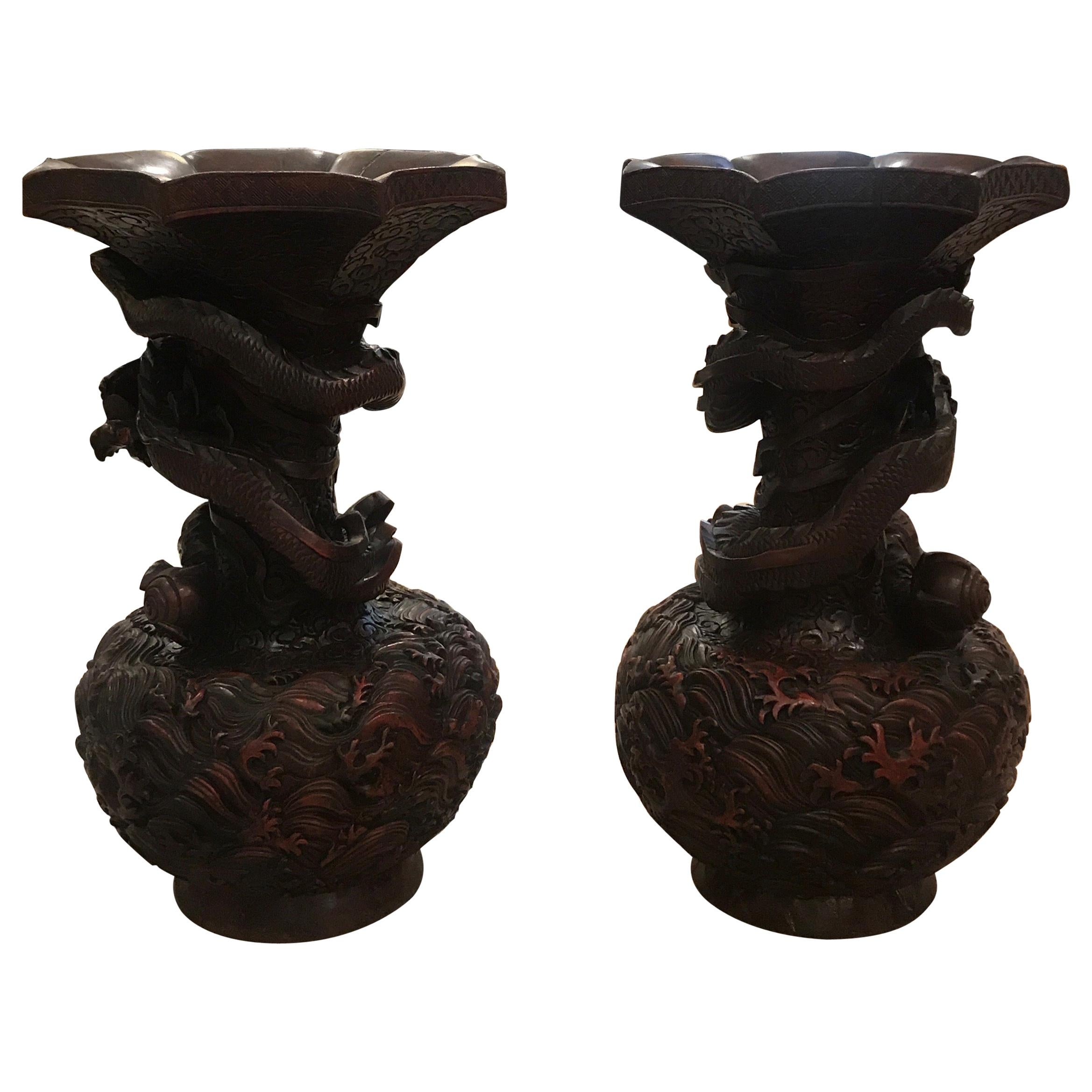 Large Pair of Asian Carved Wood Dragon Urns For Sale at 1stDibs