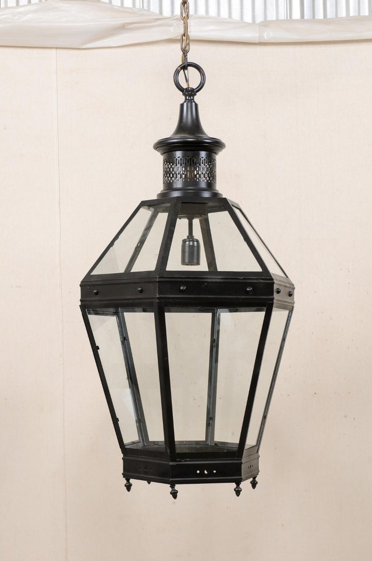 Large Pair of French Tall Lanterns, Black Metal Frames and Glass at ...
