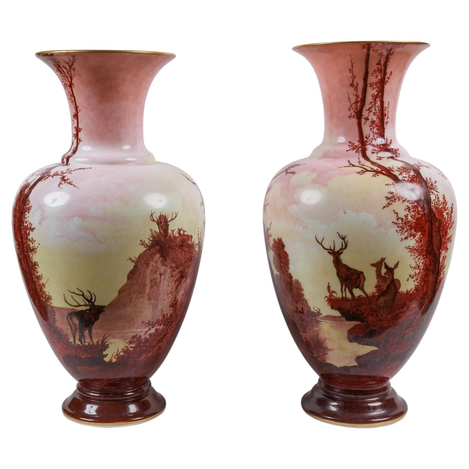 Pair of Antique French Opaline Glass Urns, circa 1910 For Sale at 1stDibs