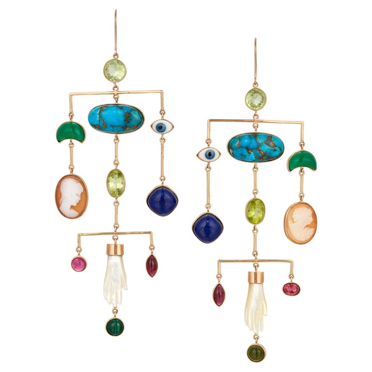 Large Pair of Gold Balance Bar Multi-Gem Drop Earrings For Sale at 1stDibs