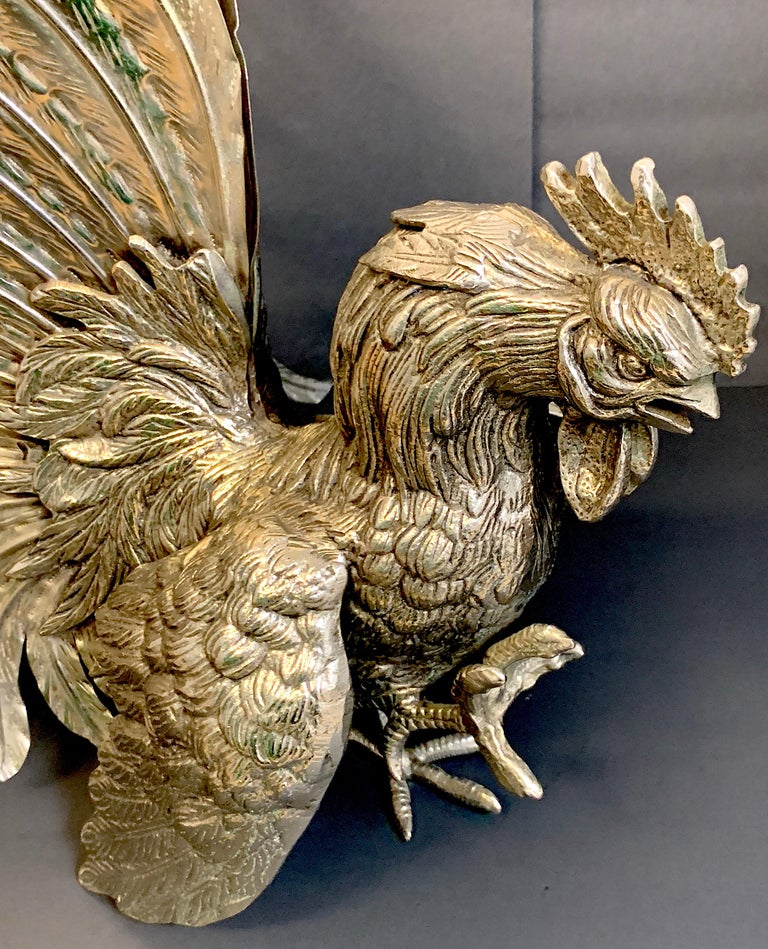 Large Pair of Silver Plated Fighting Cockerel Ornaments For Sale at 1stDibs