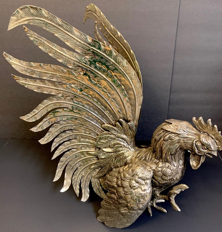 Large Pair of Silver Plated Fighting Cockerel Ornaments For Sale at 1stDibs