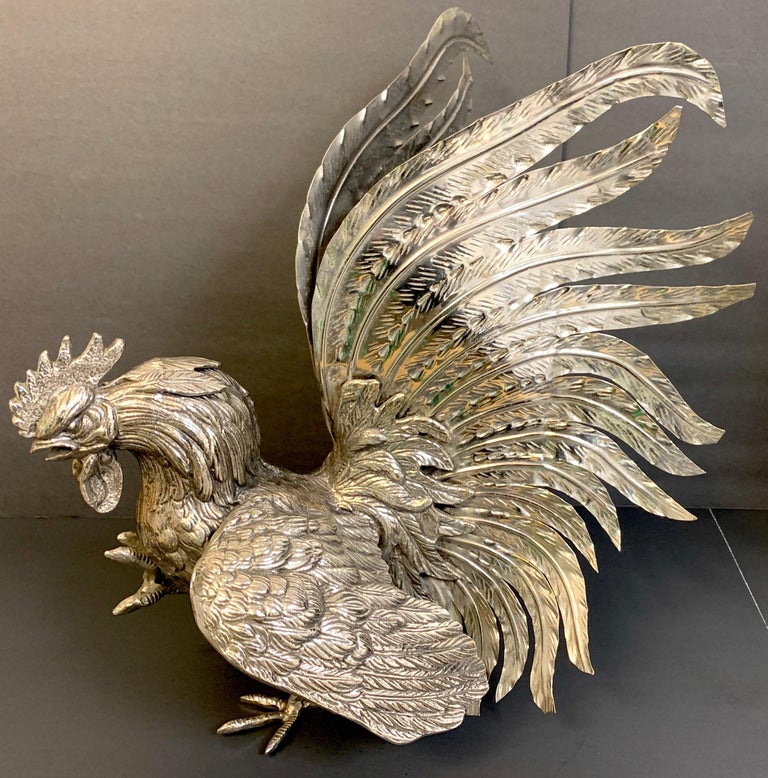 Large Pair of Silver Plated Fighting Cockerel Ornaments For Sale at 1stDibs