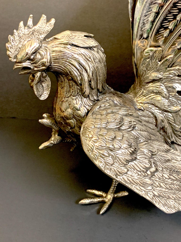 Large Pair of Silver Plated Fighting Cockerel Ornaments For Sale at 1stDibs