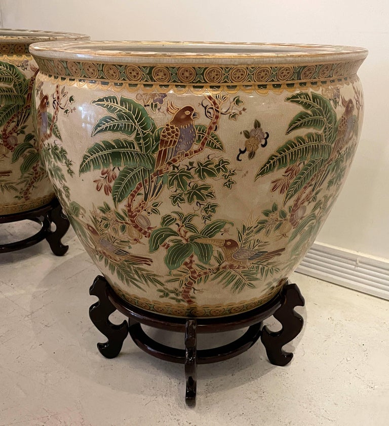 Large Tropical Pair of Porcelain Chinese Fishbowl Planters For Sale at ...