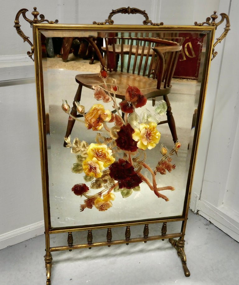 Large Victorian Brass and Roses Painted Mirror Fire Screen For Sale at ...