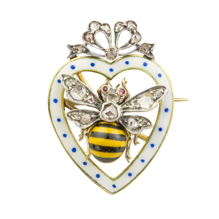 Late Victorian Enamel and Diamond Bee Brooch For Sale at 1stDibs